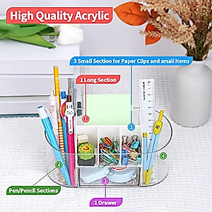LETURE Clear Desk Organizer with drawer, Acrylic Pen Pencil Markers Holder, Clear Office Supplies and Accessories,Desktop Organizer for Room College Dorm Home School (White)