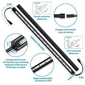 Litever LED Safe Lighting Kit. Door Control Activated. 6 pcs Slim 12 inch Light Bars. Linkable Extendable Plug-in for Gun Safe, Closet, Showcase, in-Cabinet Under Counter Pantry. Daylight 5000K