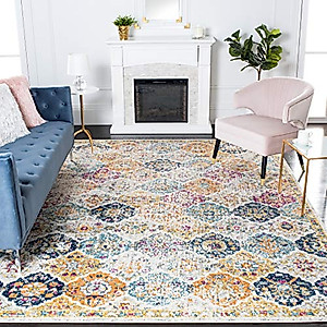 SAFAVIEH Madison Collection 8' x 10' Cream / Multi MAD611B Boho Chic Floral Medallion Trellis Distressed Non-Shedding Living Room Bedroom Dining Home Office Area Rug
