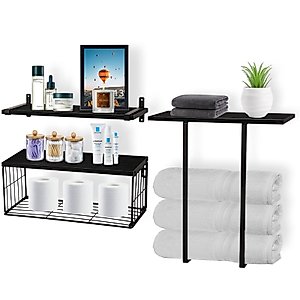 Wipaka 3+1 Tier Bathroom Shelves Wall Mounted Over Toilet,Wood Floating Shelves with Towel Bar for Wall Decor,Rustic Farmhouse Shelves for Kitchen, Bedroom, Living Room