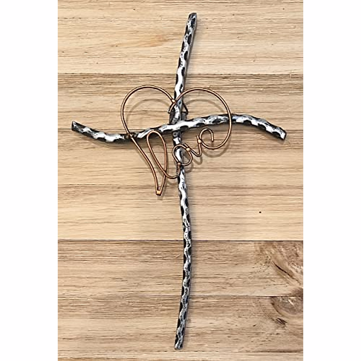 Top Brass Love/Heart Decorative Metal Wall Cross - Welded Wrought Iron - Valentine, Anniversary Jesus Art Decor - Antigue Silver/Copper Finish