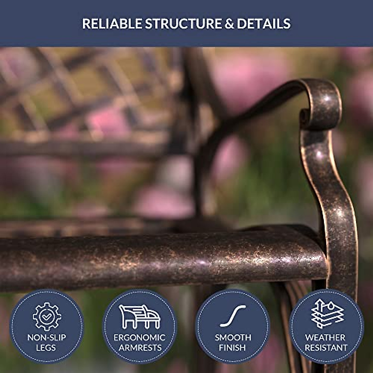 BELLEZE Patio Outdoor Garden Bench, 40 inch Cast Aluminum Loveseat Chairs with Armrests for Park, Yard, Porch, Lawn, Balcony, Backyard, Antique Seat Furniture, Bronze