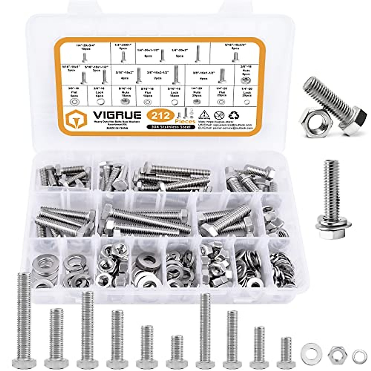 Hex Bolts Assortment Kit, VIGRUE 212PCS/53 Sets 1/4-20 5/16-18 3/8-16 Heavy Duty Bolts Screws Nuts Flat Spring Washers, Includes 10 Common SAE Sizes, 304 Stainless Steel