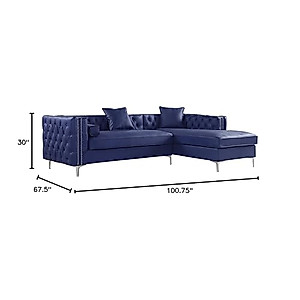 Iconic Home Da Vinci Right Hand Facing Sectional Sofa L Shape Chaise PU Leather Button Tufted with Silver Nailhead Trim Silvertone Metal Leg with 3 Accent Pillows, Modern Contemporary, Navy