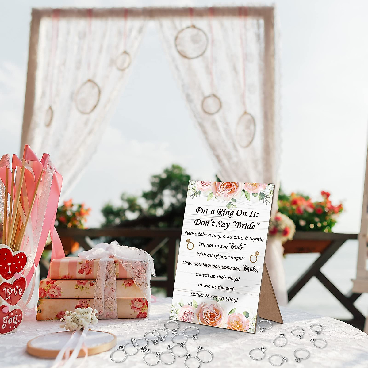 Kathfly Put a Ring on It Bridal Shower Games with 100 Bridal Shower Rings Wedding Shower Games Engagement Party Games Not Say Bride Rules Cards Bridal Shower Decorations for Guest Bridal Shower Favors