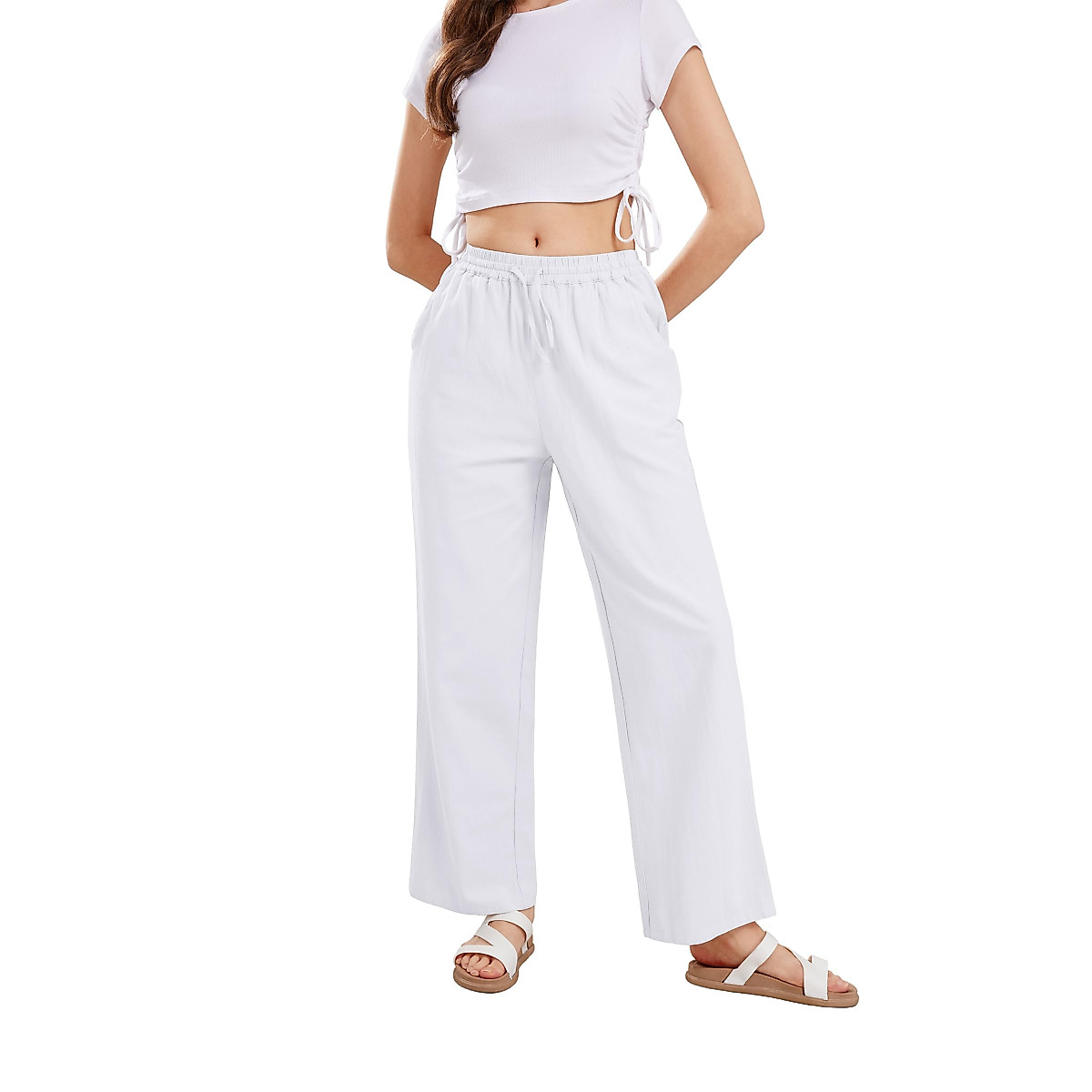 CHARTOU Women's Summer Drawstring Waist Wide Leg Loose Cotton Linen Palazzo Pants (X-Large, White)