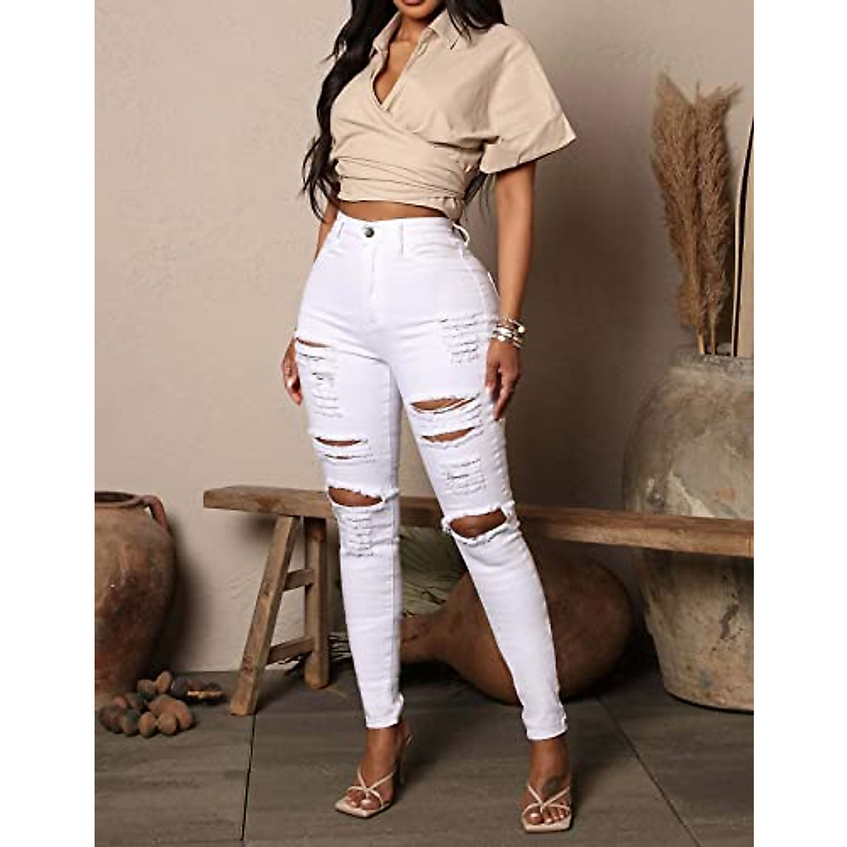 LONGBIDA Skinny Ripped Jeans for Women High Waisted Stretch Butt Lifting Jeans Slim Fit Distressed Denim Pants Pull On Jeggings Jeans(White,XXL)