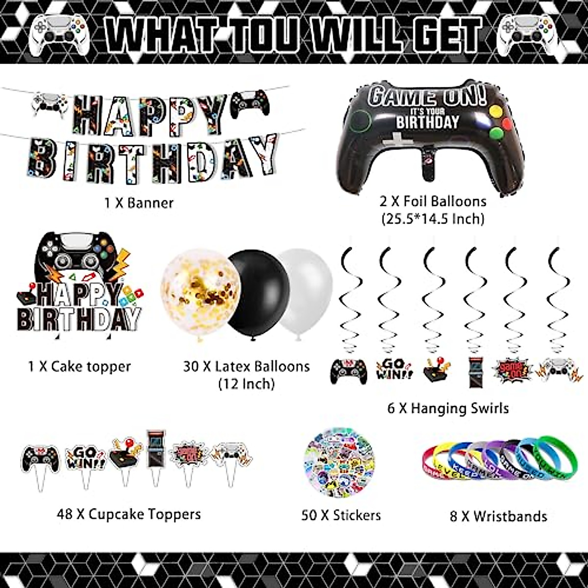 Gamer Birthday Party Decoration - 275Pcs Black White Video Game Gaming Party Supplies For Boys Birthday Party - Table Cover, Plates, Cups, Napkins, Utensils, Hanging Swirls, Birthday Banner, Cupcake Topper, Cake Topper, Stickers, Bracelets & Balloons Serv