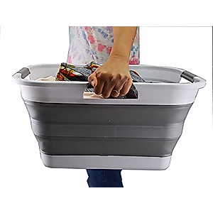 SAMMART 30L (8 gallon) Collapsible Plastic Laundry Basket - Foldable Pop Up Storage Container/Organizer - Portable Washing Tub - Space Saving Hamper/Basket - Water Capacity 24L(6.3 gallon) (1, White/Grey)