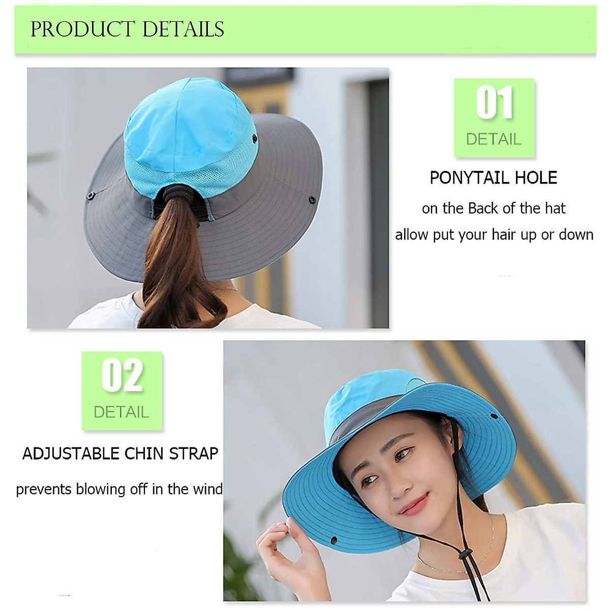 Ponytail Women's Summer Sun Bucket Hats UV Protection Safari Hiking Wide Brim Beach Foldable Mesh Fishing Cap
