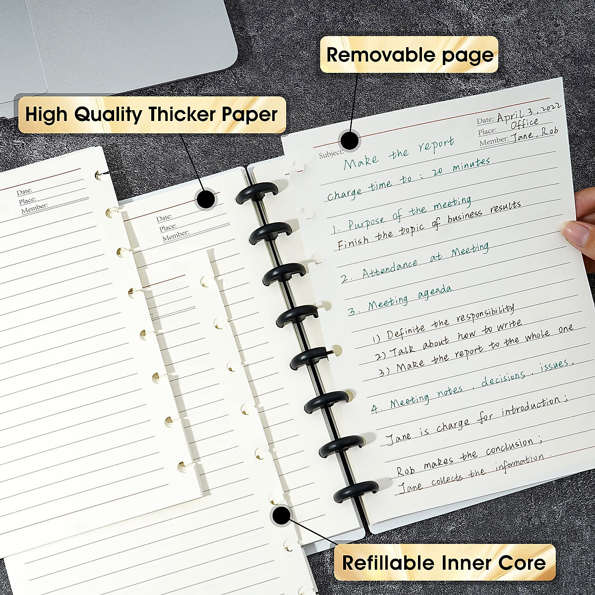 Discbound Notebook Customizable Spiral Journal Refillable 5 Subject Notebook with Removable Pages 120 Wide Ruled Disc Planner with 6 Binder Dividers & 16 Tabs for Work Meeting School, Rose Gold