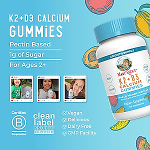 MaryRuth Organics Calcium with Vitamin D & Vitamin K2, 2 Month Supply, Calcium Supplement Supports Bone Health & Joint Support, with Vitamins D3 K2 Gummies, Vegan, Non-GMO, Gluten Free, 60 Count