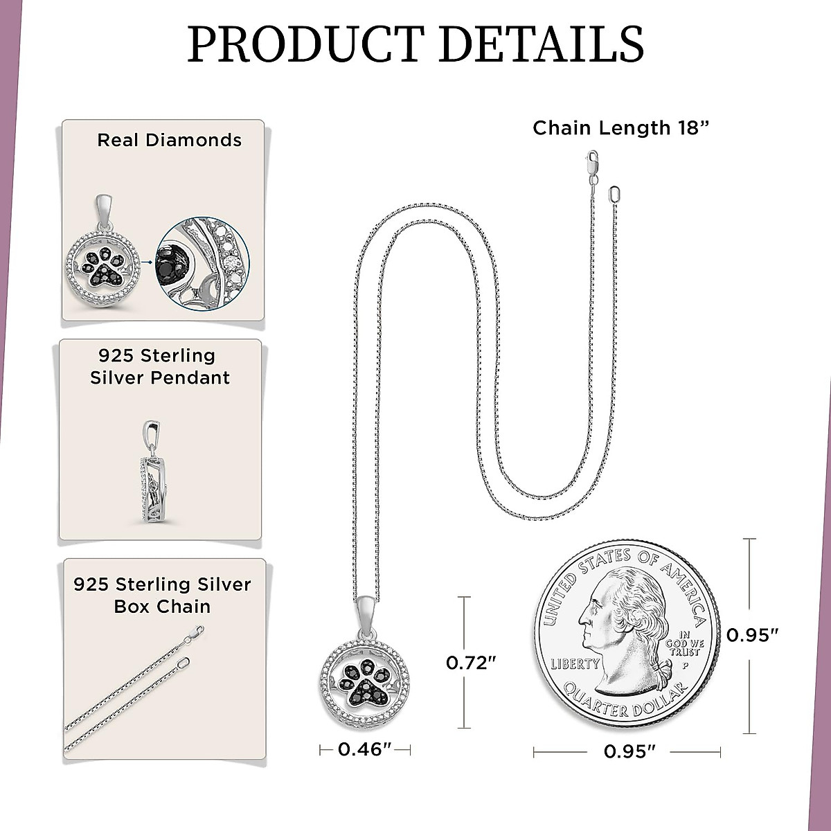 Jewelili Dancing Dog Paw Necklace Pendant in Sterling Silver Treated Black and Natural White Round Diamonds 18 inch Box Chain