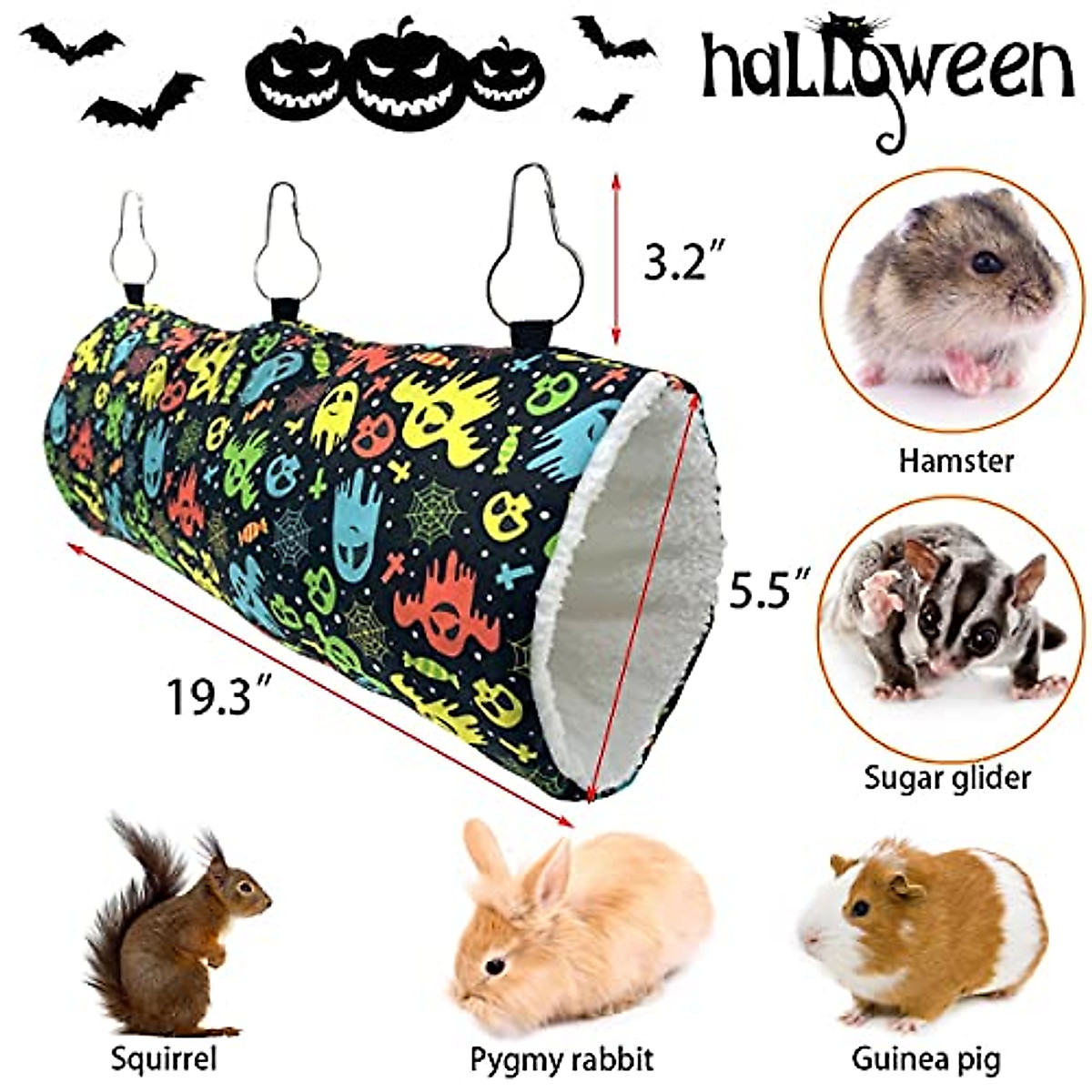 CooShou 2PCS Halloween Small Pet Hammock Hanging Tunnel Set- Halloween Hamster Hammock Bunk Bed Sugar Glider Hideout Tunnel Sleeping Nest House Cage Accessories for Squirrel Ferret Chincilla