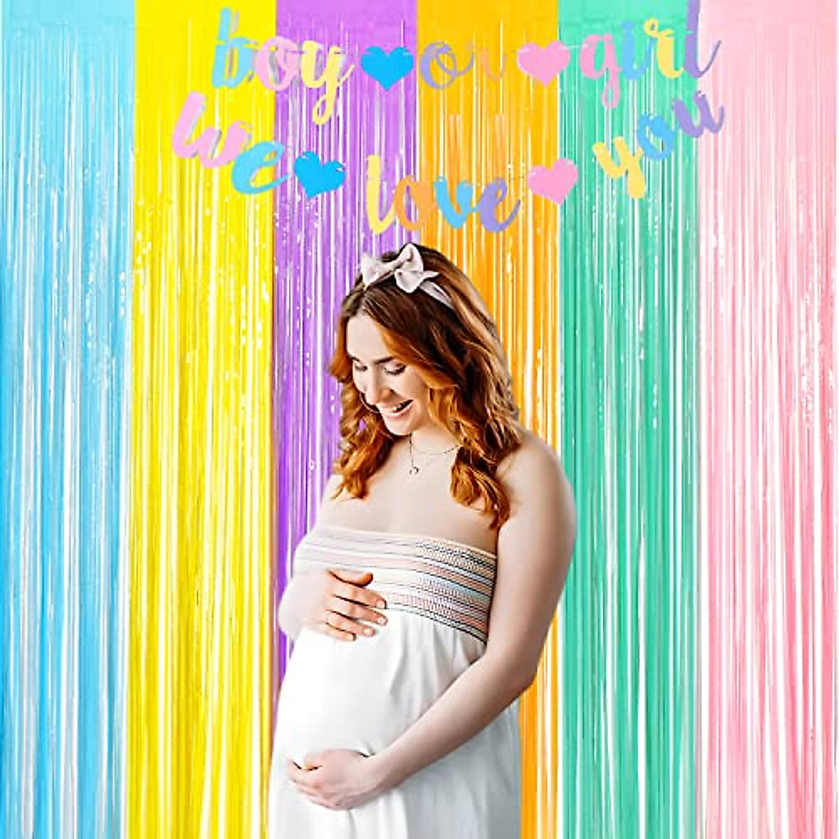 BRAVESHINE Glitter Tinsel Foil Fringe Curtains - 2Pcs 3.2x8.2ft Pastel Rainbow Photo Backdrop for Sweet Birthday Baby Shower Unicorn Mermaid Kids Candy Donut Ice Cream Easter Bunny Party Decorations