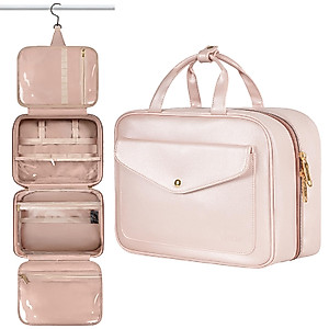 MATEIN Travel Toiletry Bag for Women, 9L Faux Leather Hanging Makeup Bag with Metal Snap Handle, Large Waterproof Cosmetic Storage Multiple Traveling Organizer for Toiletries Accessories, Pink