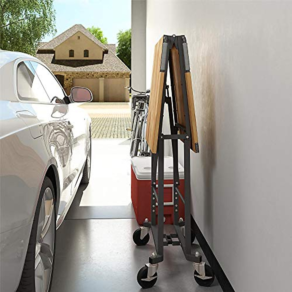 CoscoProducts 66760DKG1E Smartfold Portable Folding, Hardwood Top (400 Pound Weight Capacity, Dark Gray) Workbench Desk, Work, Heath Pine