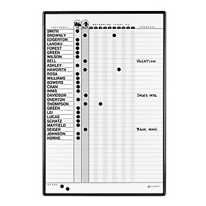 Quartet In/Out Board, Magnetic, 3' x 2', Duramax Porcelain Personnel System, 36 Names, Black Aluminum Frame (783G), 24 x 36", Gray
