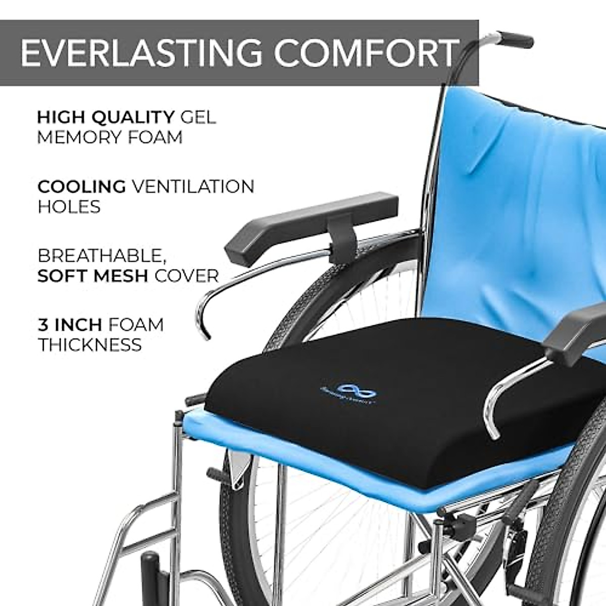 Everlasting Comfort Memory Foam Seat Cushion for Chair - Wheelchair Cushions for Tailbone Relief - Chair Cushion Covers for Pressure Sores - Ventilated Gel Seat Cushion for Chair, Seniors, & Adults