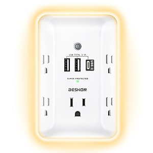 Outlet Extender with Night Light, 5 Outlet Surge Protector Power Strip with 3 USB Ports (1 USB C Port), BESHON 1800J 3 Sided Multi Plug Outlet Splitter for Home, Office, ETL Listed…