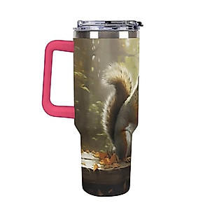 LLUTSNTH 40 Oz Vacuum Tumbler with Light Rose Red Handle Leakproof Insulated Tumbler Squirrel Eats Nuts Stainless Steel Travel Mug with Lid And Straw Coffee Cup Cute Water Bottles Cup Holder Friendly