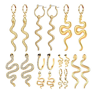 ZITULRY 9 Pairs Snake Earrings Charm Huggie Hoop Earrings Set Punk Rhinestone Serpent Drop Dangle Stud Earrings Minimalist Crystal Long Snake Earrings for Women Girls Jewelry Gift,Gold