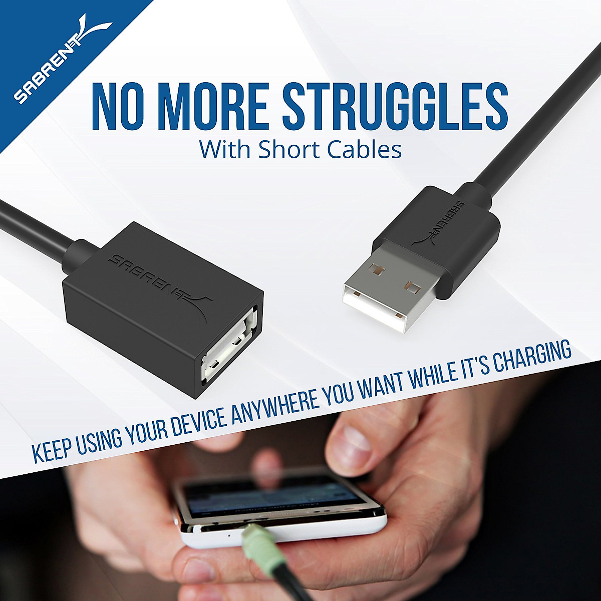 SABRENT 22AWG USB 2.0 Extension Cable A Male to A Female [Black] 6 Feet (CB-2060)