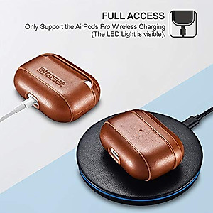 AirPods Pro Case, ICARER Airpod Pro Leather Case Genuine Leather Portable Protective Shockproof Cover for Apple AirPods Pro Support Wireless Charging and Led Visible (Brown)