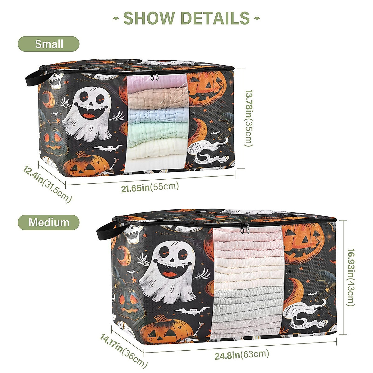 GOODOLD Spooky Happy Halloween Clothes Storage Bags 95L Large Closet Organizer Bags 2-Pack, Zippered, Foldable with Clear Window & Handles - Ideal for Comforters, Blankets