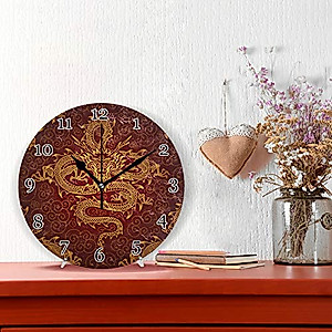 Wall Clock Asian Japanese Dragon Animal, Quiet Silent Non Ticking Round Clock for Kitchen Bedroom Living Room Office Classroom Home Decor