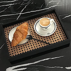 YANWE Serving Tray, Wood Serving Tray, Rattan Tray, Coffee Table Tray, Decorative Tray, Candle Tray, Wooden Tray for Living Room, Bedroom, Bathroom, Kitchen, Modern Farmhouse Decor, 14"x 10" (Black)