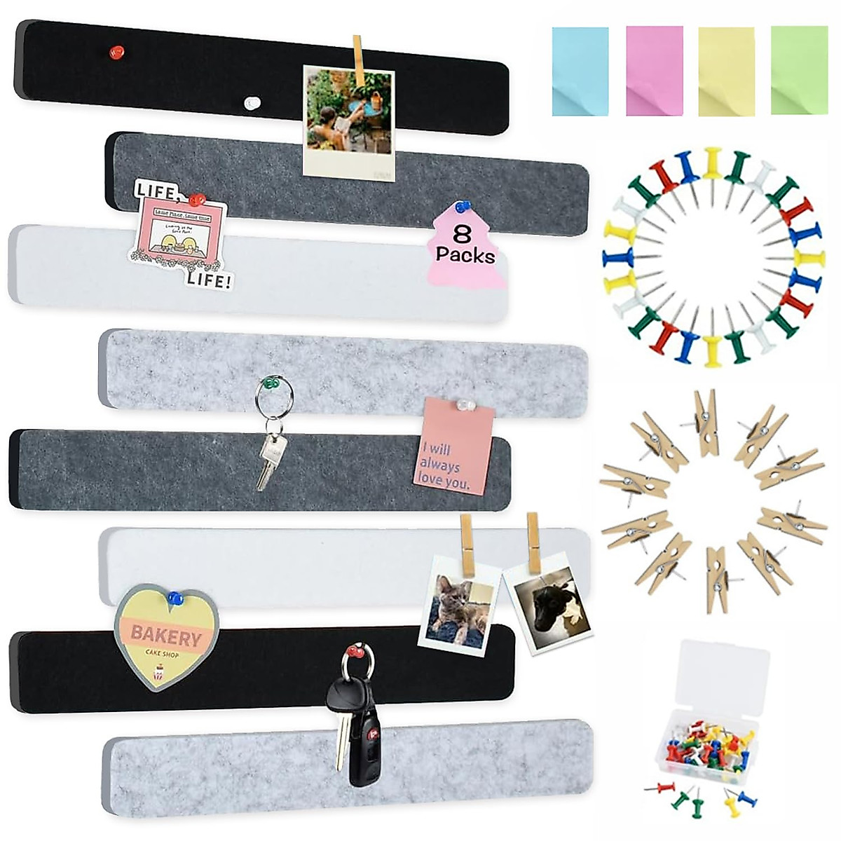 Vuzvuv 8Pcs Black White Grey Felt Pin Board Bar Strips with 35 Pushpins, Self-Adhesive Lightweight Bulletin Board Bar Strips No Damage for Wall,for Paste Notes, Photos, Schedules, Announcements.
