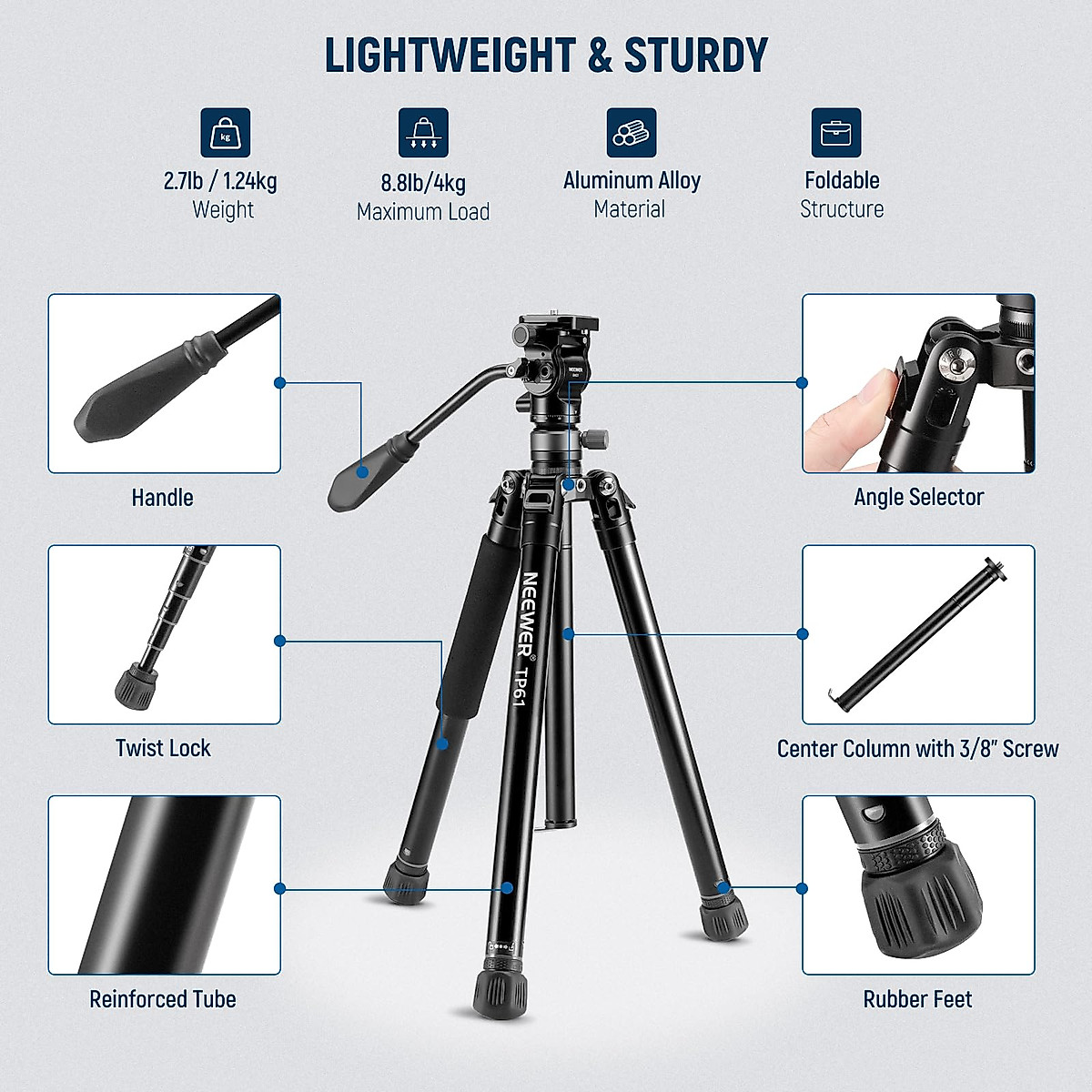 NEEWER 61.4" Video Travel Tripod with +/-10° Leveling Base Fluid Head (⌀37mm), Compact Metal Camera Tripod Stand with Quick Release Reversible Legs & Detachable Center Column, Arca Plate, TP61