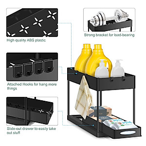 2 Pack Under Sink Organizers and Storage, 2-Tier Bathroom Organizer with Pull-Out Drawer & Hooks, Under the Sink Kitchen Cabinet Organizers Shelf for Countertop Laundry Organization and Storage-Black
