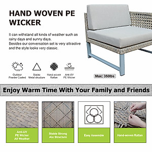 SUNPEAK Patio Furniture Set Outdoor Furniture Sectional Couch Fire Pit Table and Chairs Set with Propane Firepit (Light Brown Wicker, 9 pcs/42‘’ Rectangular Fire Pit)