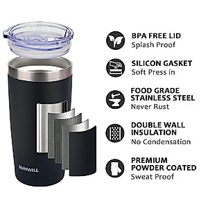 SUNWILL 20oz Tumbler with Lid, Stainless Steel Vacuum Insulated Double Wall Travel Tumbler, Durable Insulated Coffee Mug, Powder Coated Black, Thermal Cup with Splash Proof Sliding Lid