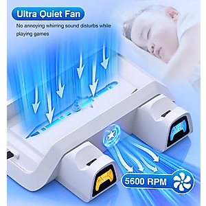 PS5 Stand with Cooling Station&Dual Controller Charger for Playstation 5 PS5 Console, CYKOARMOR PS5 Accessories with 5V/3A Adapter, PS5 Base with Cooler Fan, Charging Dock and Game Holder White