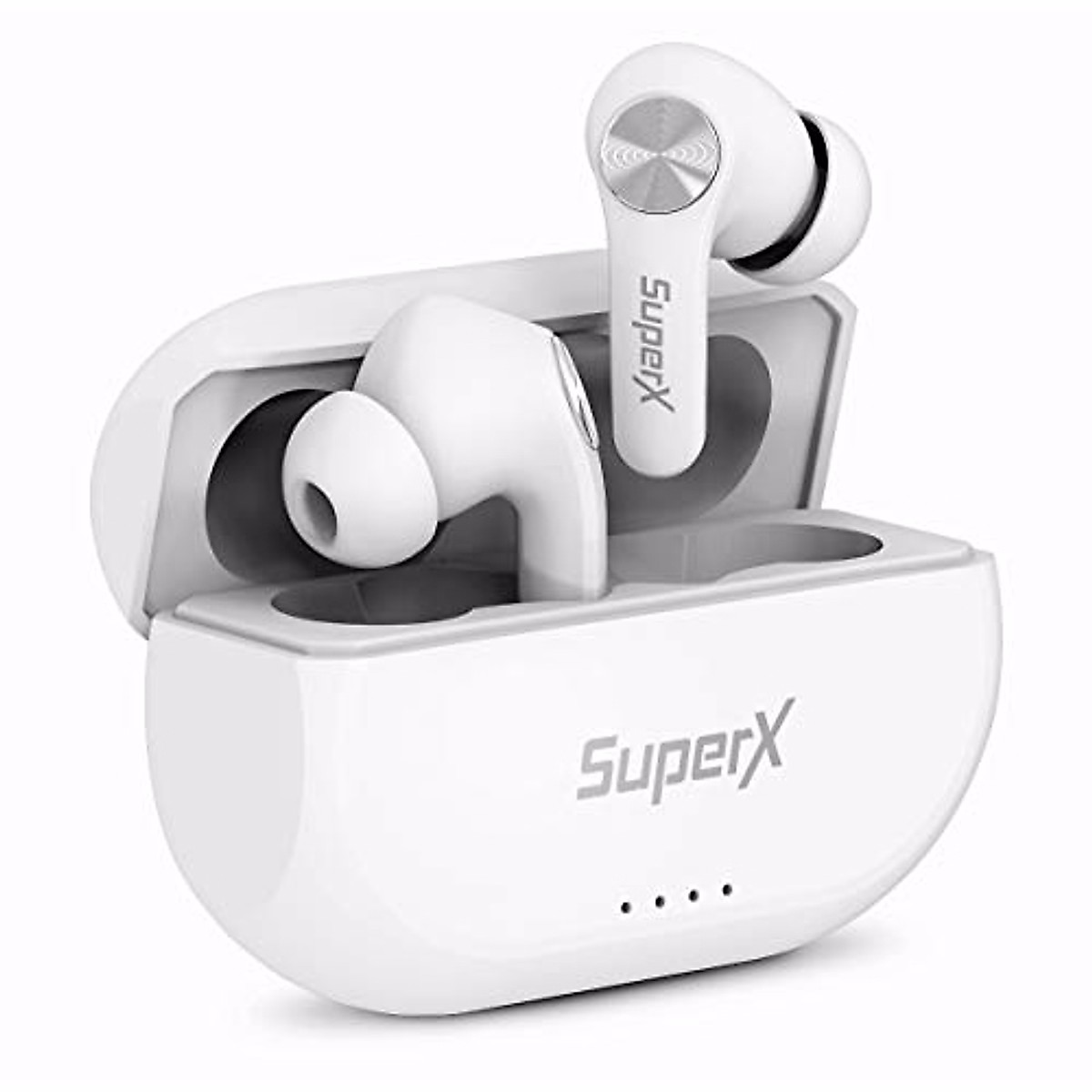 SuperX Bluetooth 5.0 Wireless Earbuds with Charging Case IPX5 Sweatproof Headset/Headphones in Ear Built in Mic Industrial Leading TWS Sound with Sport Pumping Bass - Platinum Silver