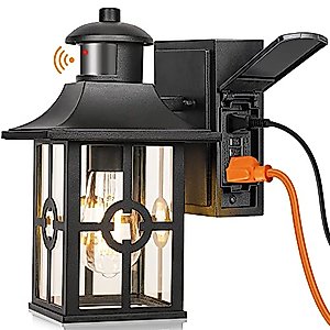 Outdoor Motion Sensor Porch Light with 2 GFCI Outlets, Dusk to Dawn Wall Light with 3 Lighting Modes for House, Waterproof Aluminum&Anti-Rust Exterior Light Fixture for Balcony/Garage