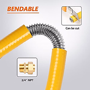 Grehitk 70ft 3/4'' Flexible Gas Line, CSST Corrugated Stainless Steel Tubing Pipe Kit, Natural Gas Line Propane Pipe Conversion Kit Grill Hose with 2 Male Adapter Fittings (70ft 3/4'')