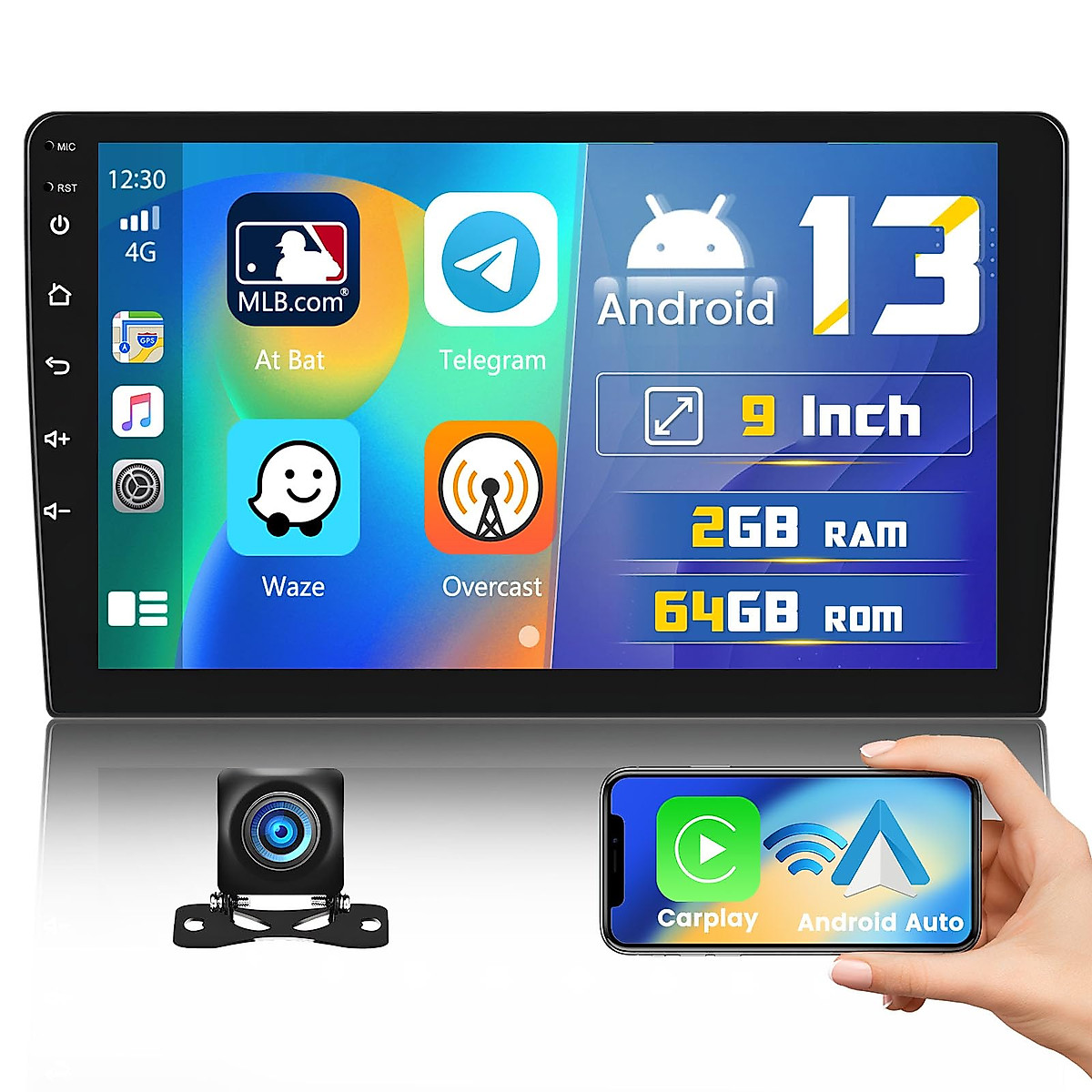 2+64GB Android 13 Double Din Car Stereo Wireless Apple Carplay Android Auto 9 Inch Bluetooth Touchscreen Car Radio in Dash GPS Navigation HiFi WiFi FM Mic Backup Camera