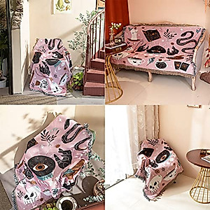 tiowik Divination Tarot Card Snake Skull Devil Eyes Throw Woven Blanket with Tassel for Home Decoration Chair Couch Sofa Bed Beach Travel Picnic Cloth Tapestry Shawl Cozy Cotton (Pink 63×51 Inches)