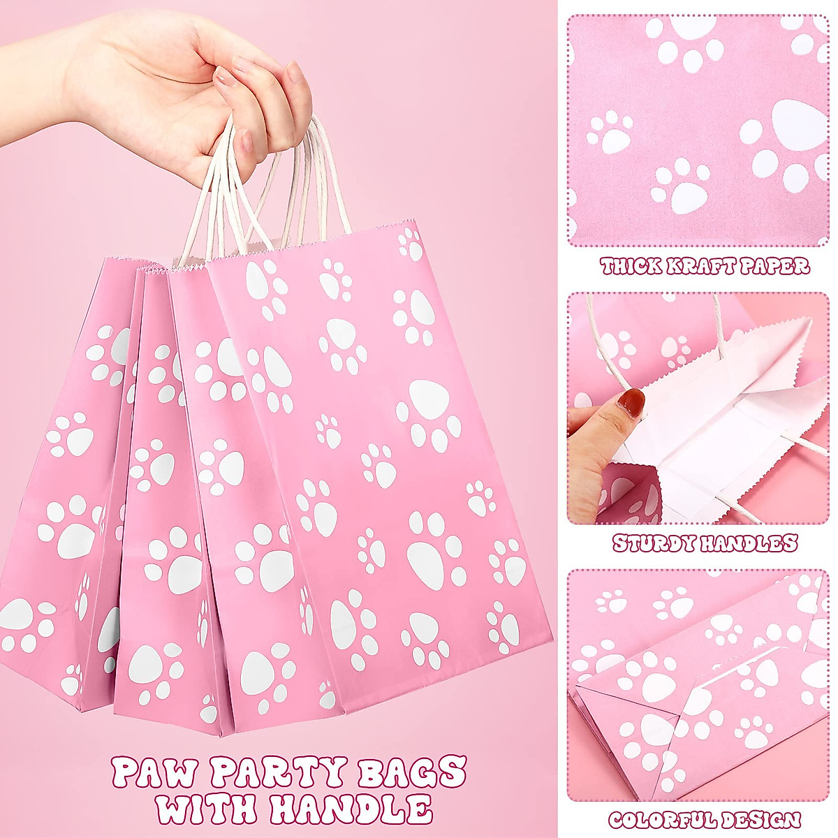 Blulu Gift Bags, 20 Pcs Paw Print Paper Bags with Twist Handles, Dog Themed Goodie Bags for Pet Party Favor, 6.3 x 3.1 x 8.6 Inch (Pink Backing)
