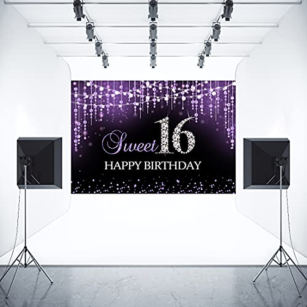 Aperturee Purple Sweet 16 Birthday Backdrop 7x5ft Princess Bokeh Glitter Shiny Sequin Dots Diamond Girls Happy Sweet Sixteen 16th Photography Background Banner Photo Booth Props Party Decorations