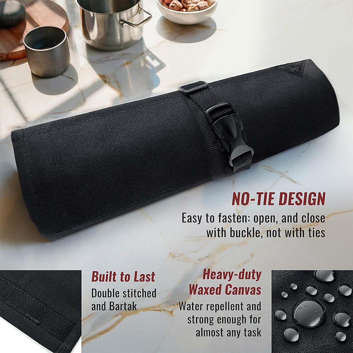 Under NY Sky Knife Roll Case - 6 Slots - Heavy Duty Waxed Canvas Pouch - Leather Reinforced - Portable Bag for Cooking Tools, Utensils, Cutlery Knives, Brushes - Chefs, Kitchen, Travel, Gift - Black