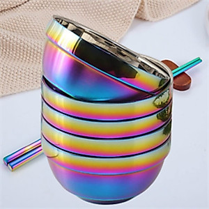 Ceiteo Rainbow Bowl Set of 6, 304 Stainless Steel Dinnerware Metal Double-walled Insulated Cereal Bowls for Eating Kitchen, Dishwasher Safe and Unbreakable
