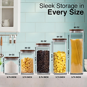 Essos Square Glass Jars with Wood Lids Set of (4) 36 fl oz Airtight and Stackable Storage Containers for Kitchen Pantry or Bathroom BPA Free and Recyclable Canister for Food Cookies Coffee Pasta Sugar