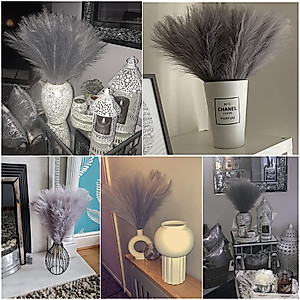 Faux Pampas Grass 6 Stems Small Artificial Pampas Grass 18'' No-Shedding Short Fake Pampas Grass Pompass Fluffy Plants Boho Decor for Centrepiece Living Room Home Office Wedding, No Vase (Grey)