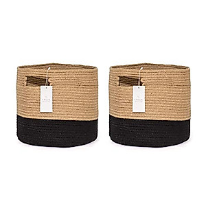 Chloe and Cotton Woven Cube Storage Baskets with Handles | Set of 2 | Cute Decorative Bins For Shelves, Bookcases, Cubbies, & Organizing Containers | Black & Tan