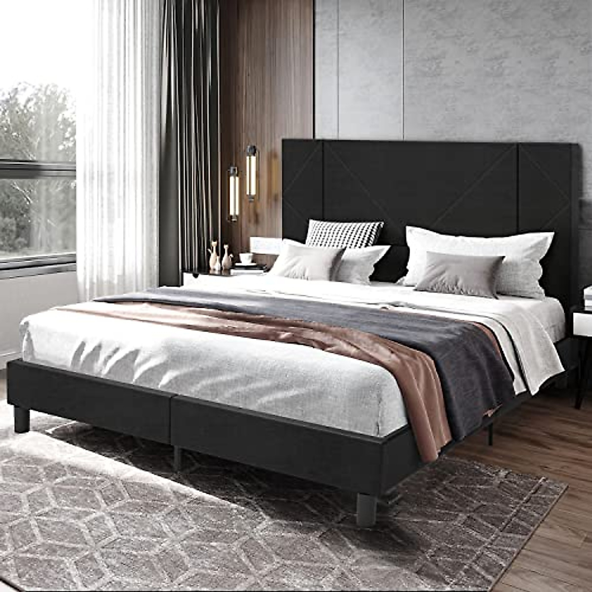 Flolinda King Size Bed Frame, Upholstered Bed Frame with Tall Tufted Velvet Headboard, Heavy Duty Metal Mattress Foundation with Wooden Slats, King Bed Frame No Box Spring Needed, Easy Assembly